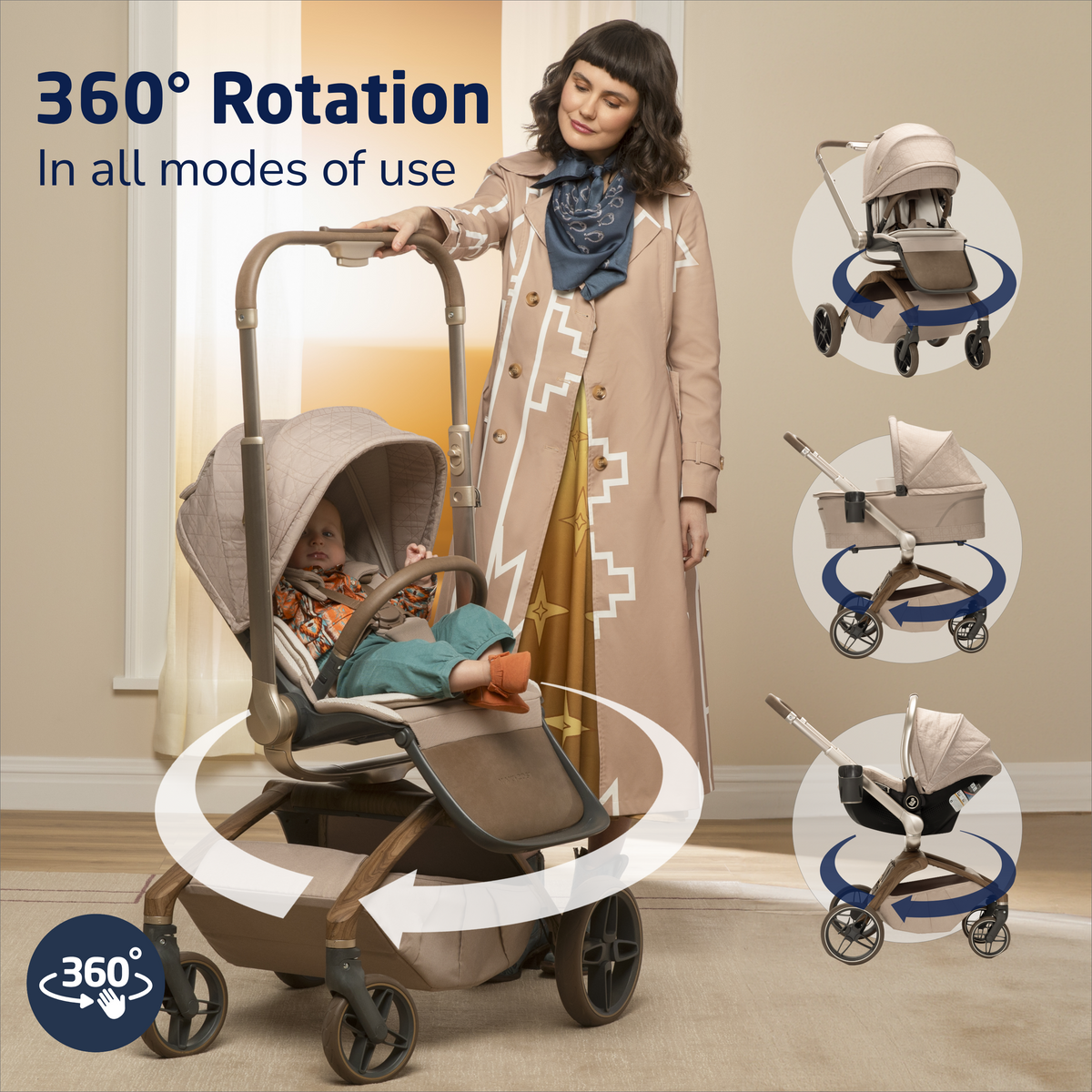 Tana 360° Rotating Modular Stroller with Carriage Accessory in Natural ...